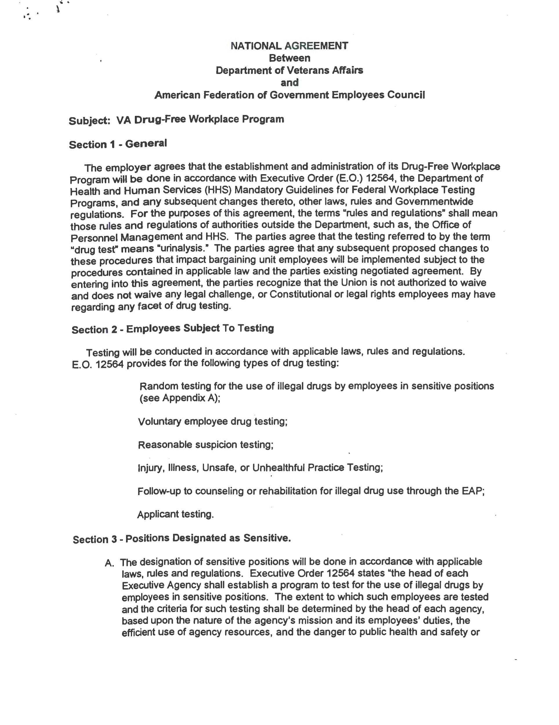 VA Drug Free Workplace MOU – AFGE Local 1061